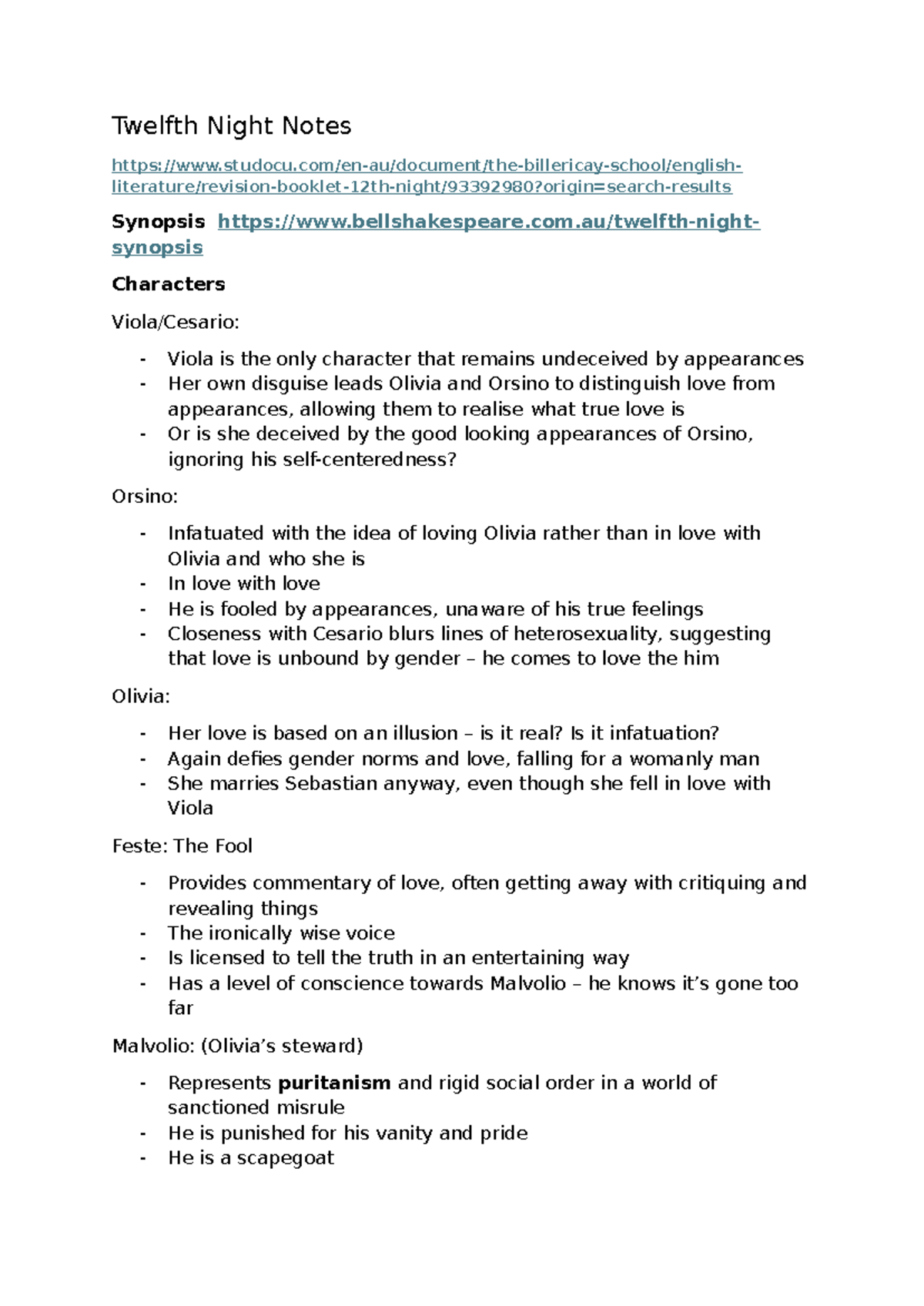 Twelfth Night (ENG 201) Character Analysis & Themes Summary - Studocu