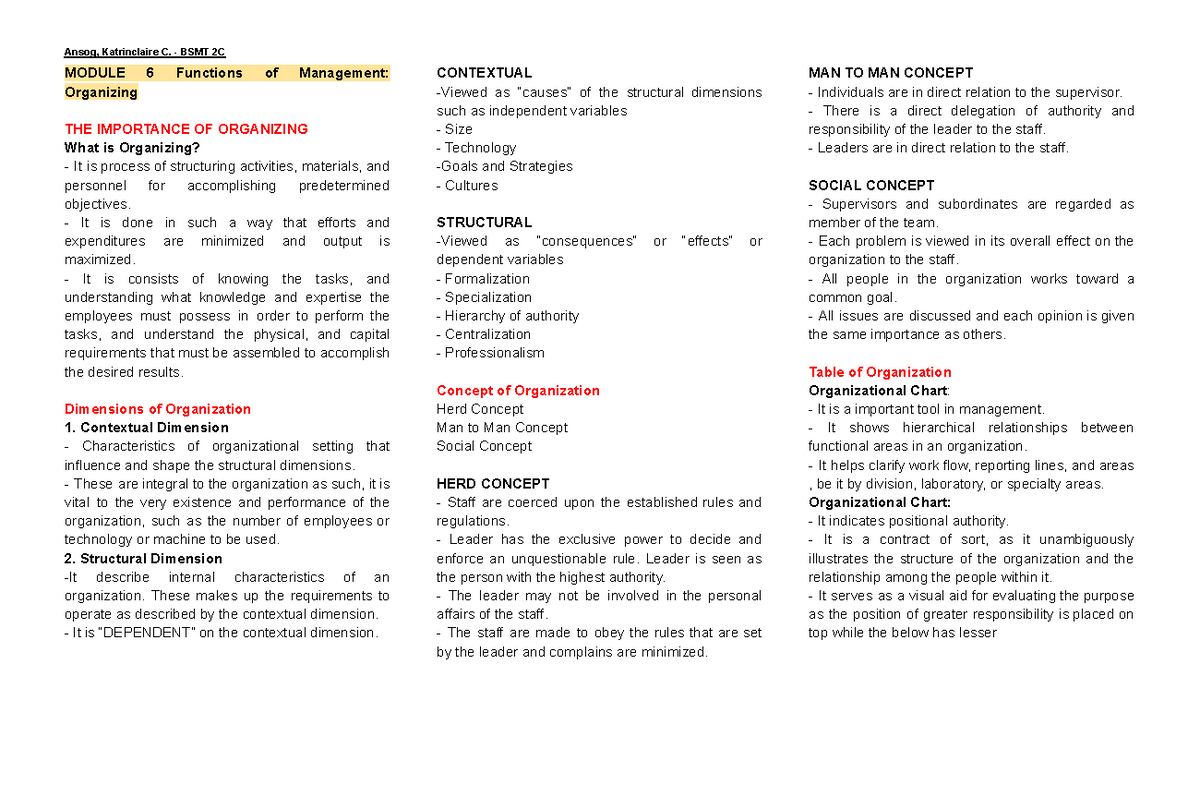 BSMT 2C MODULE 6-9: Organizing, Staffing, and Controlling in Management ...