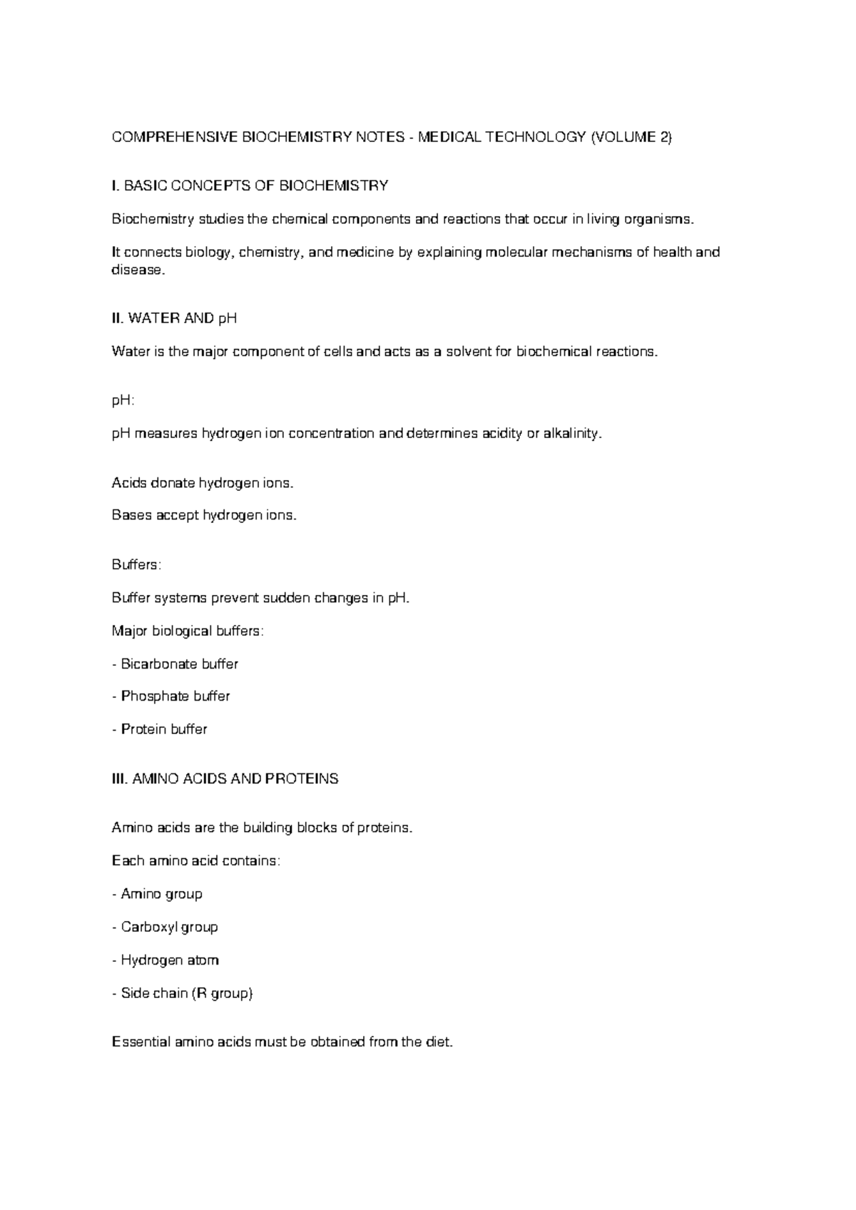 Comprehensive Biochemistry Notes for Med Tech (Volume 2) - Studocu
