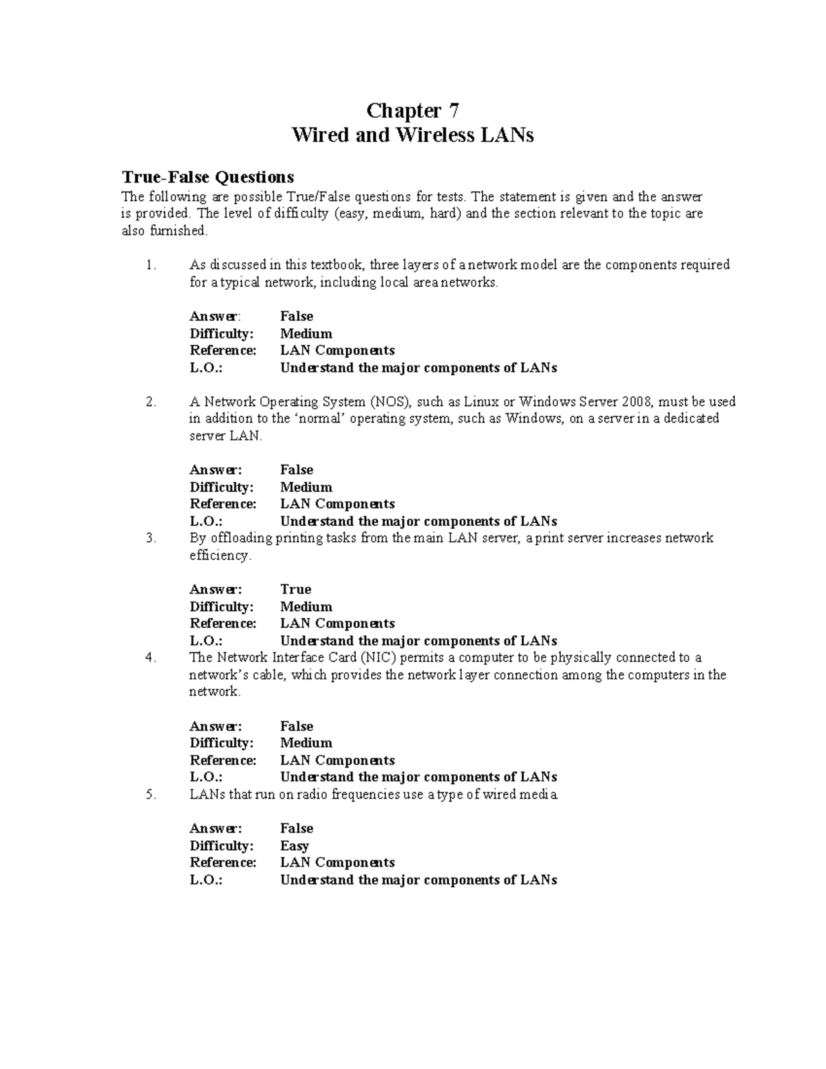 Chapter 07 - True/False & MCQs on Wired and Wireless LANs - Studocu