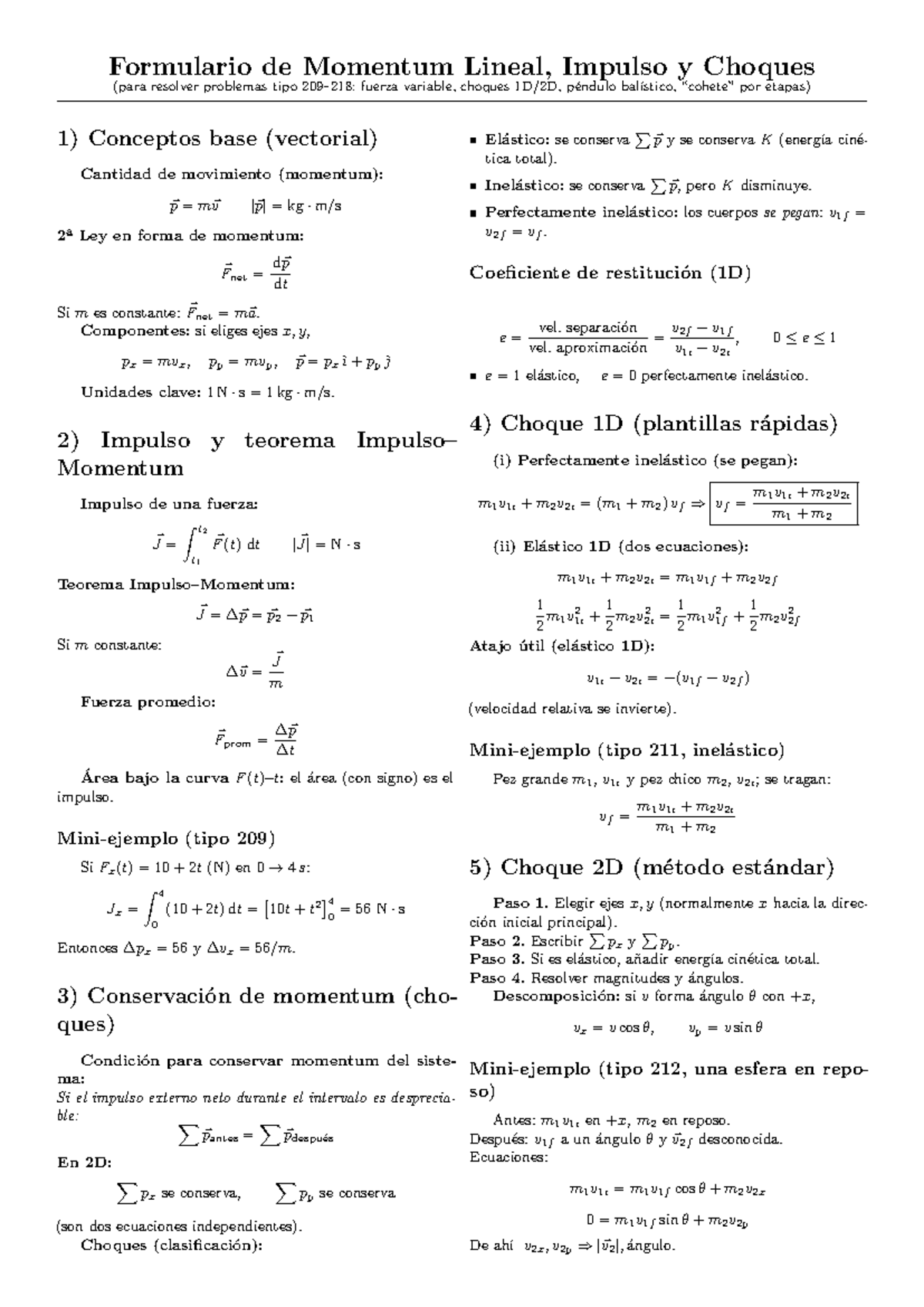 Formulario de Momentum Lineal y Choques - Resumen de Conceptos Clave ...
