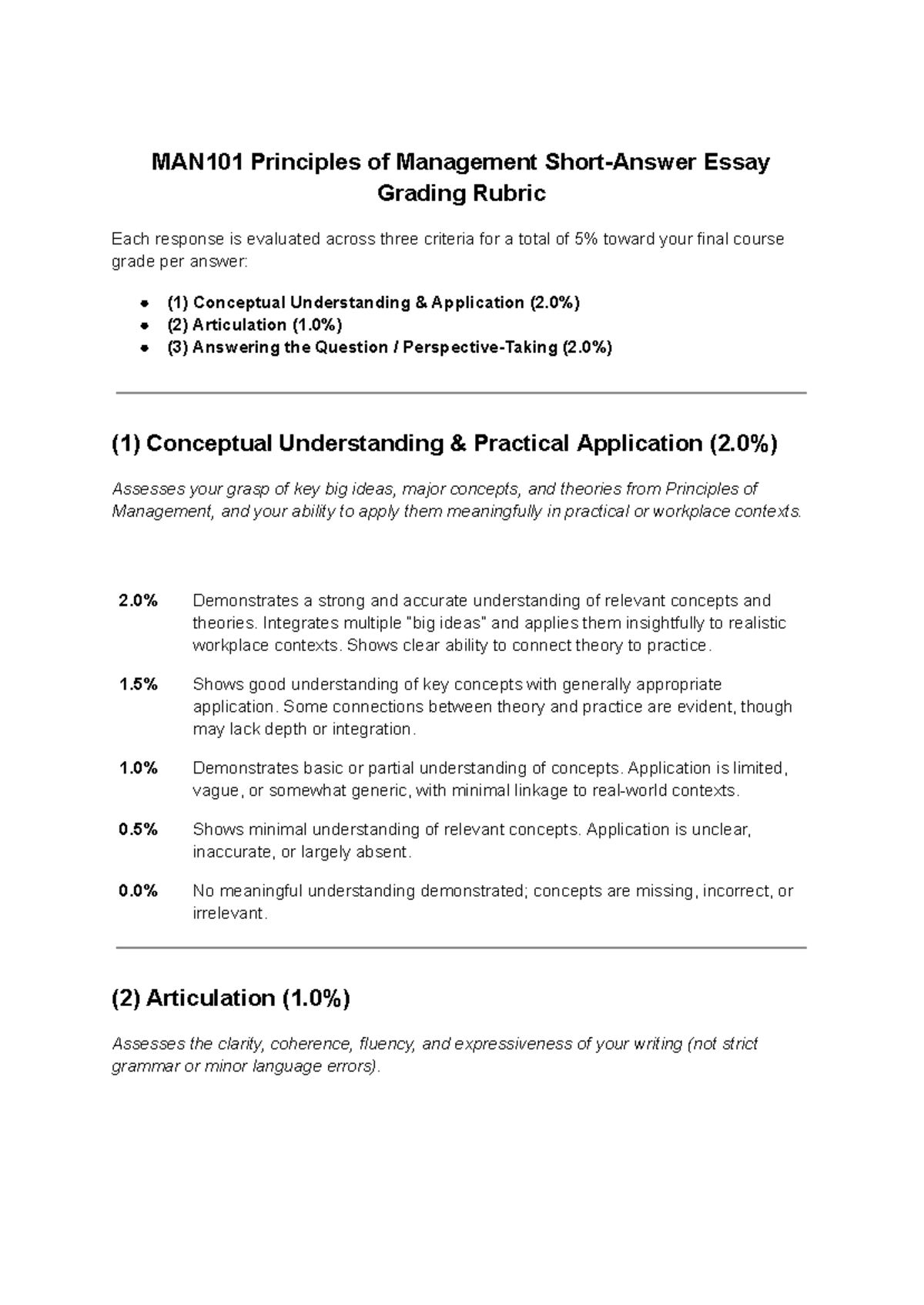MAN101 Mid-Term Exam Grading Rubric for Essay Responses - Studocu