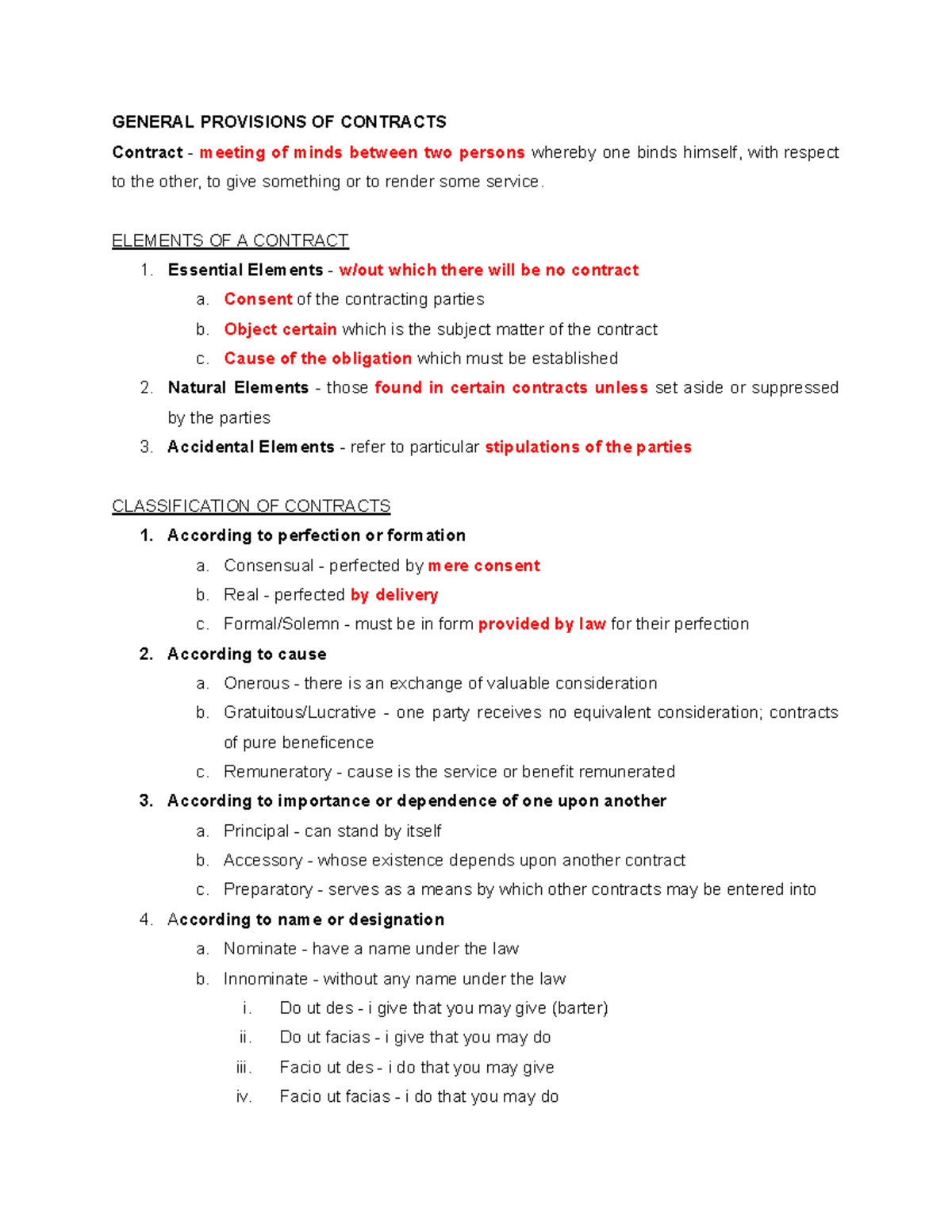 LAW 101 - Contract Law - Essential Notes & Classifications - Studocu