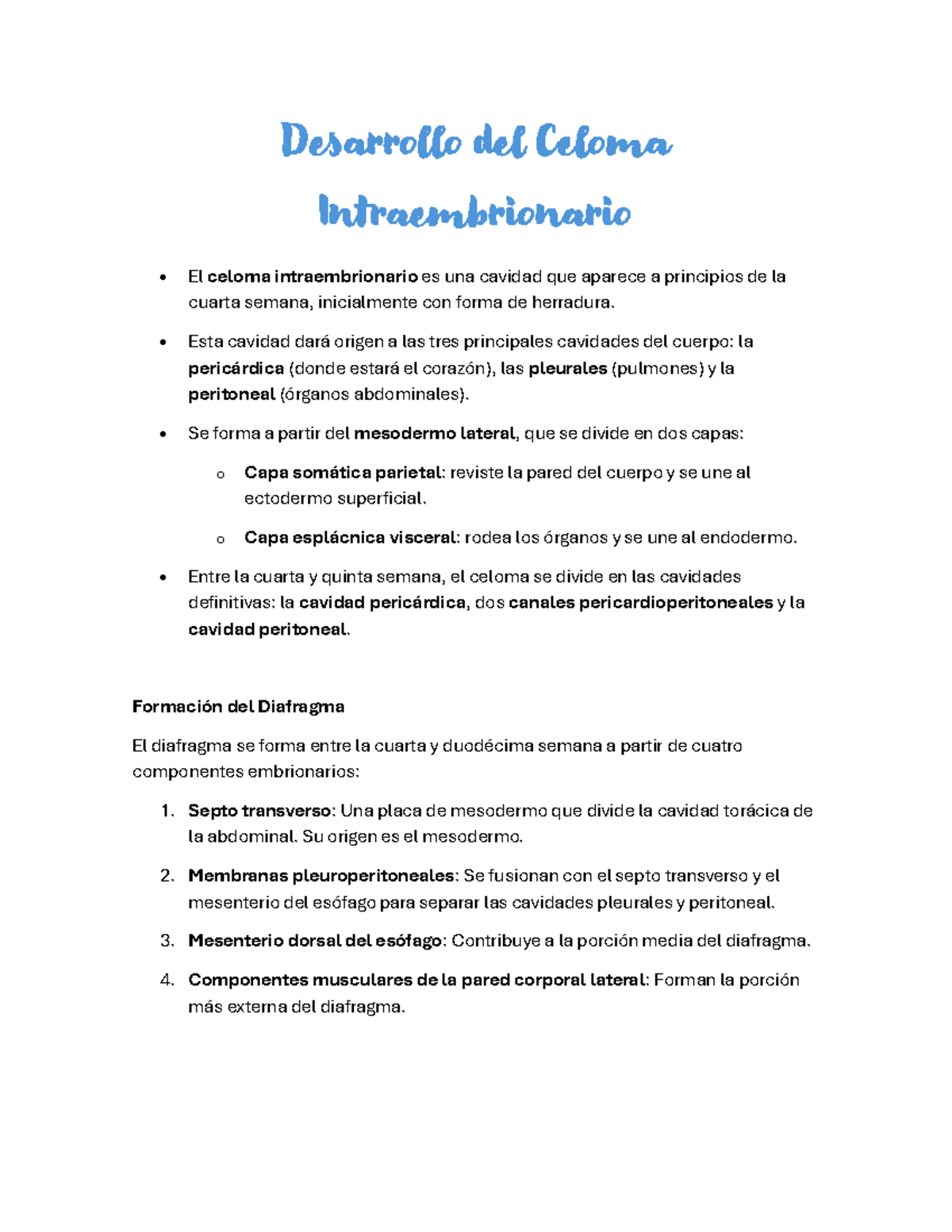 Desarrollo del Celoma Intraembrionario y Formación del Diafragma - Studocu