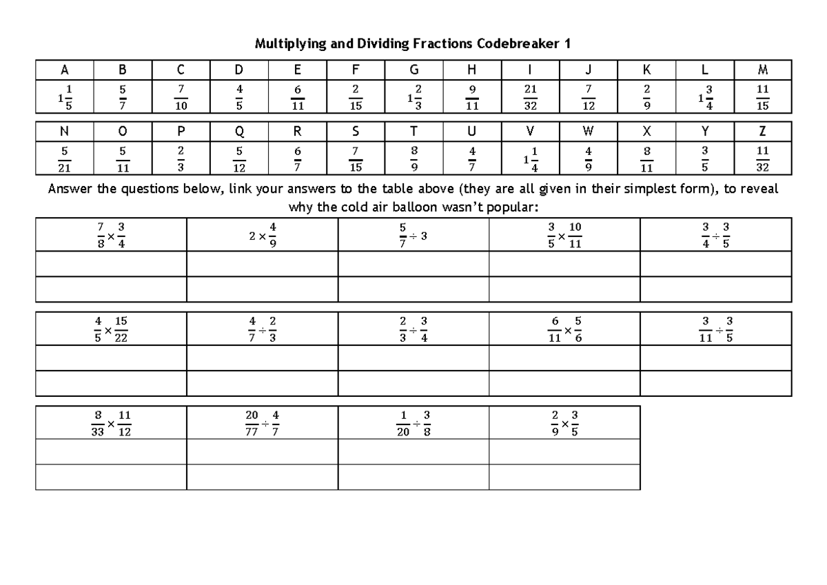 Multiplying and Dividing Fractions Codebreaker 1 Activity - Studocu