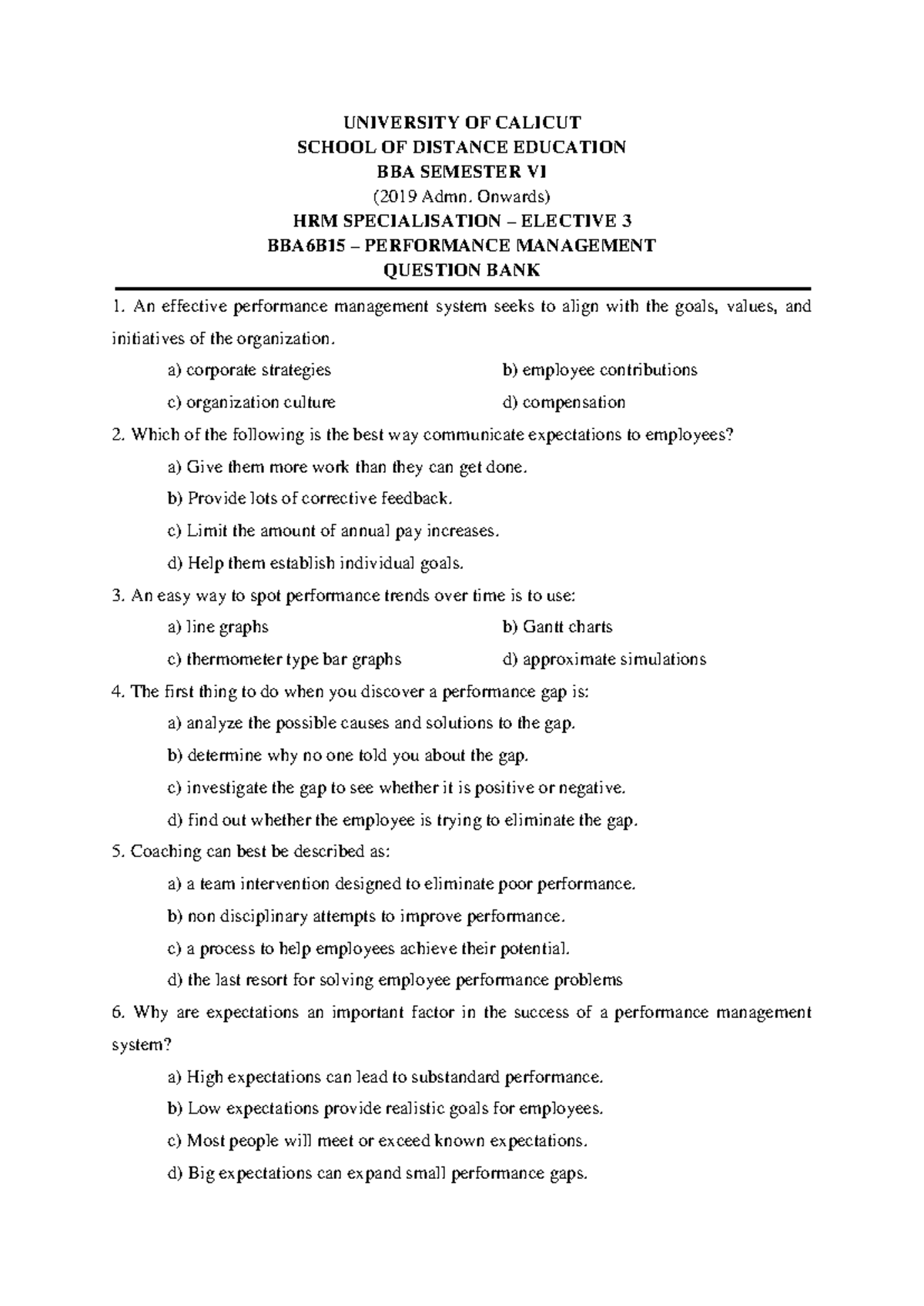 MCQ Question Bank for BBA6B15: Performance Management (Elective 3 ...