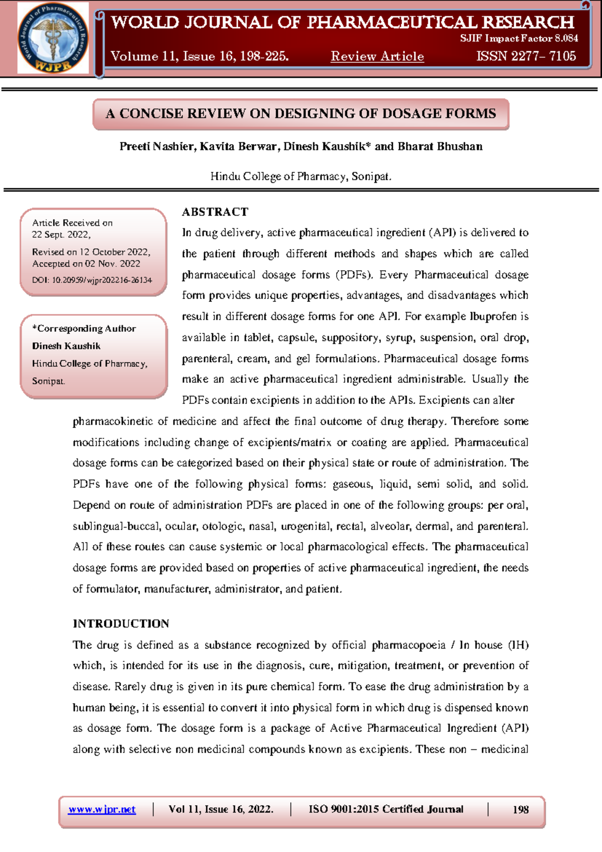 A Concise Review on Designing Dosage Forms - WJPR Vol 11, Issue 16 ...