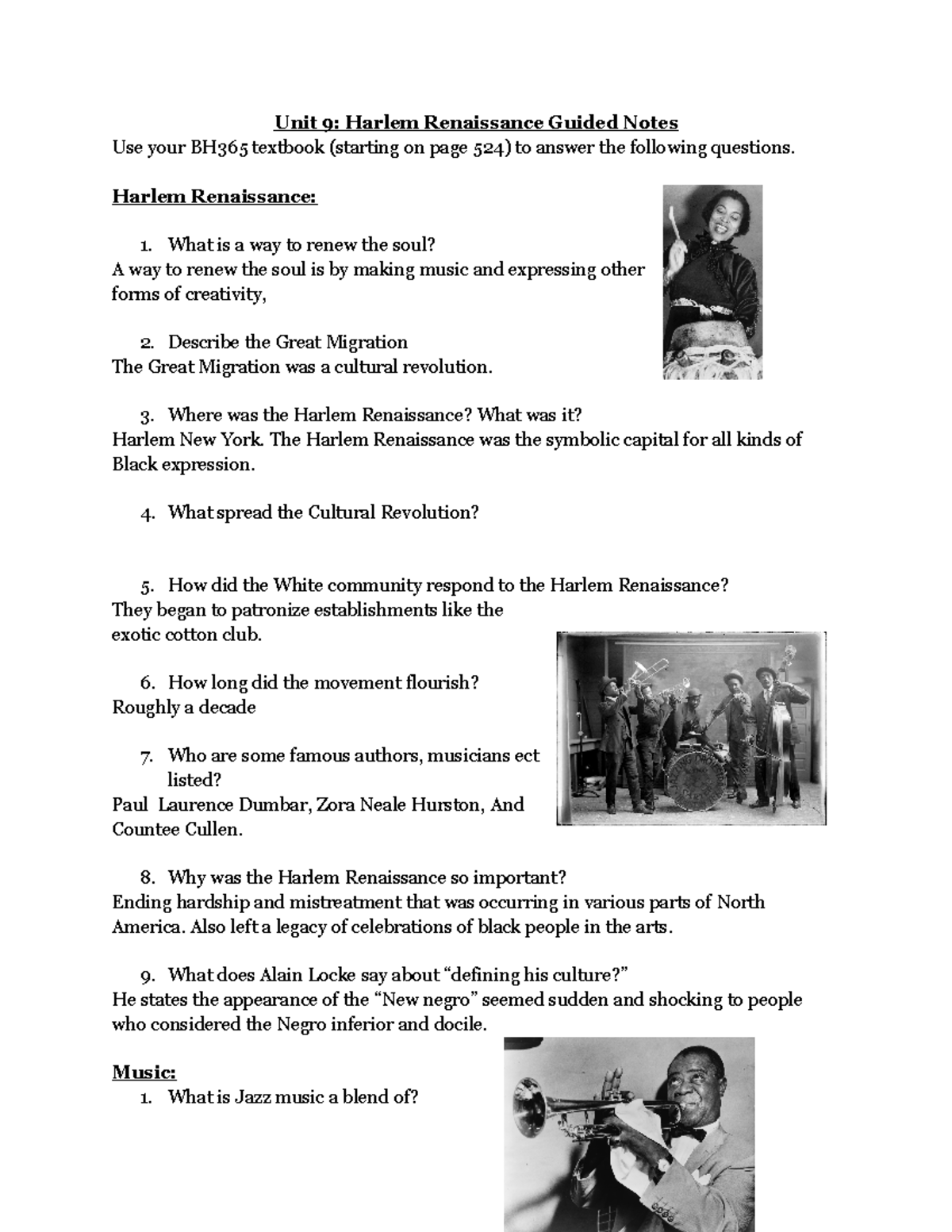 Harlem Renaissance BH365 Unit 9 Guided Notes Overview - Studocu