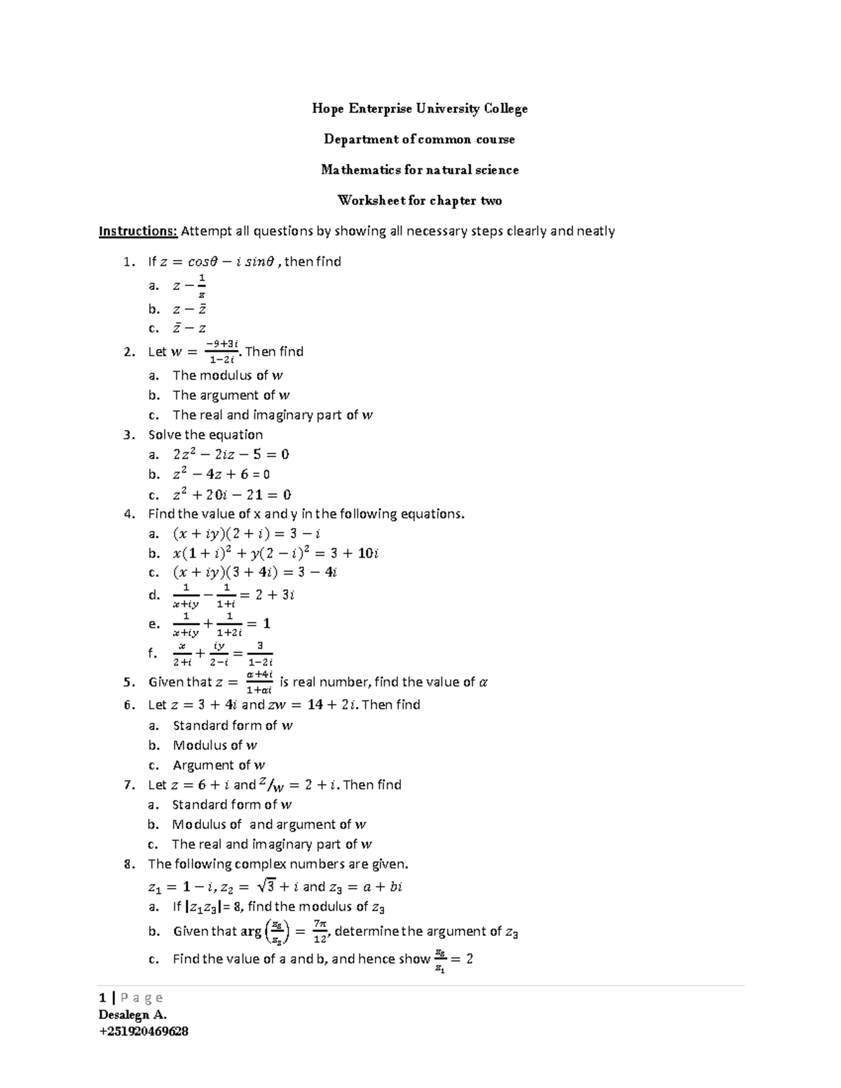 Mathematics for Natural Science: Assignment on Number System (124001 ...