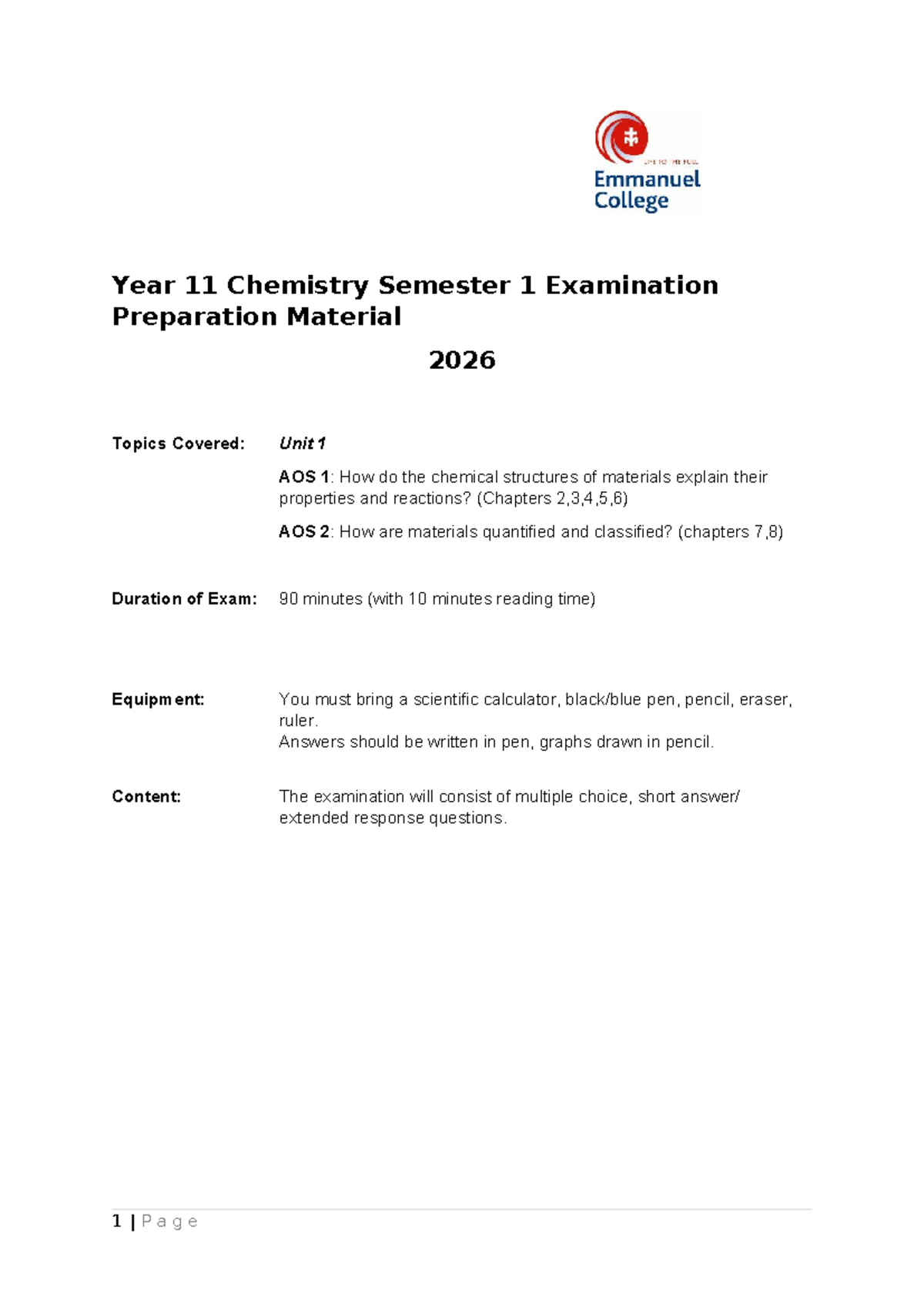 Year 11 Chemistry SEM 1 Exam Revision Pack 2026 - Studocu