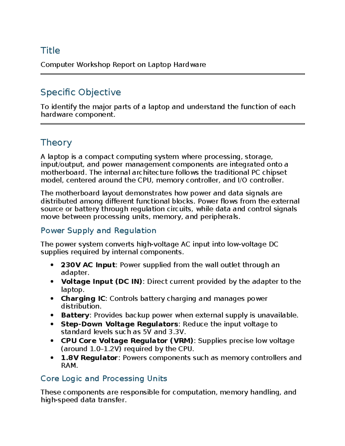 Computer Workshop Report: Laptop Hardware Overview and Procedures - Studocu