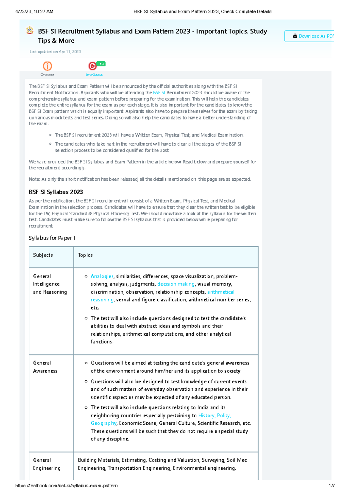 BSF SI Syllabus and Exam Pattern 2023, Check Complete Details - BSF SI ...