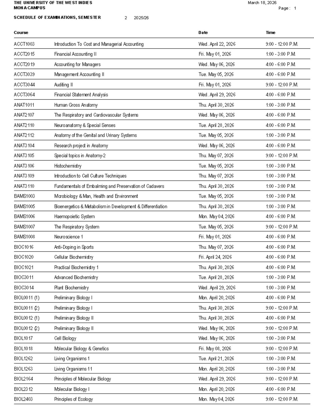 Semester 2 Final Exam Timetable - UWI Mona Campus - Studocu