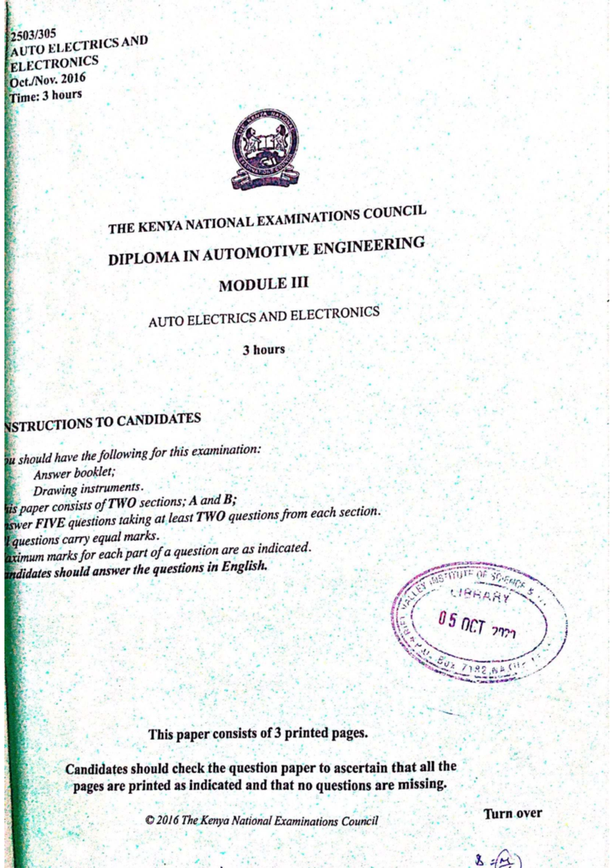 AUTO ELECTRICS AND ELECTRONICS 2016 Exam Paper - Diploma in Automotive ...