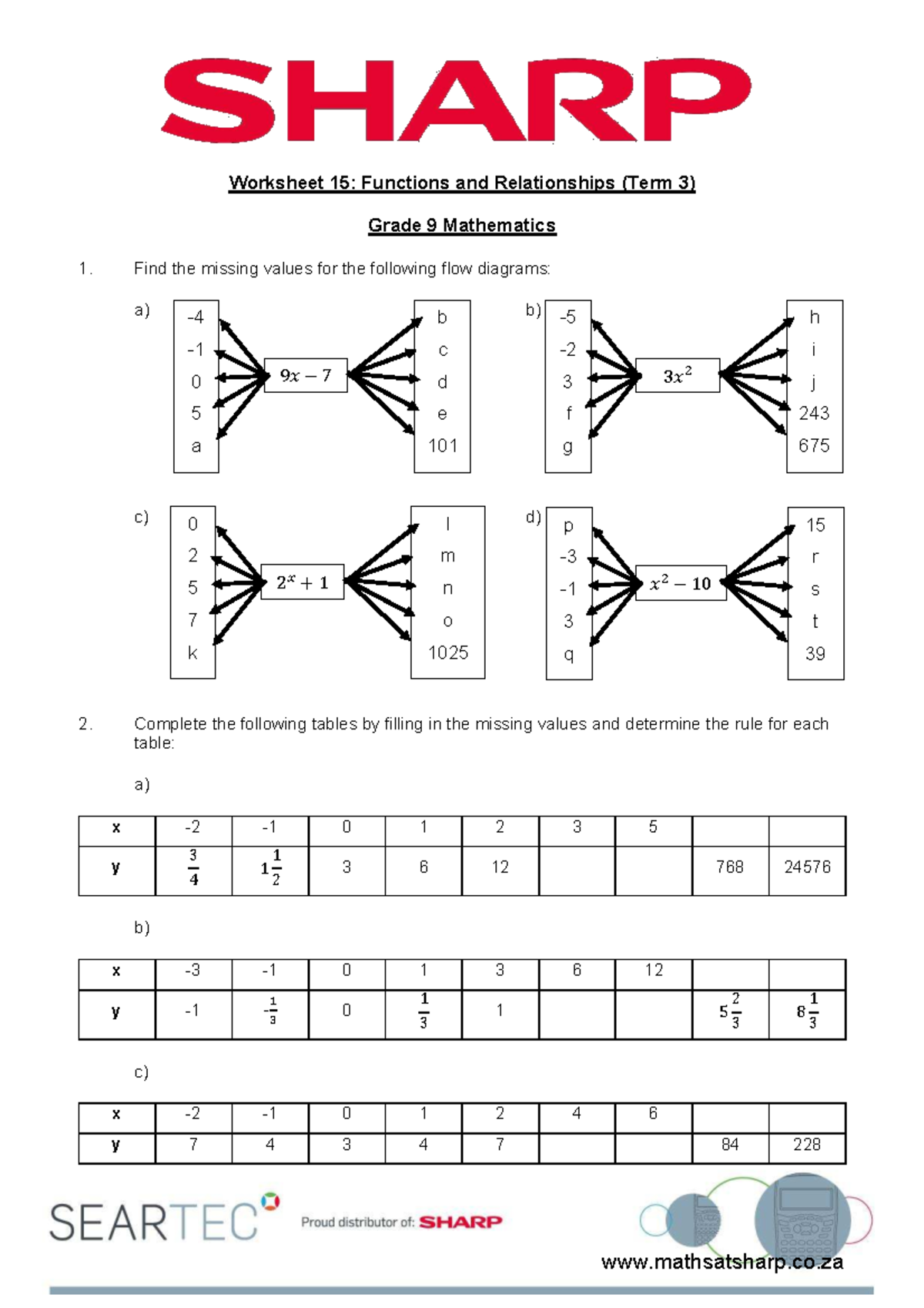 Worksheet 15: Functions & Relationships (Grade 9, Term 3) - Studocu