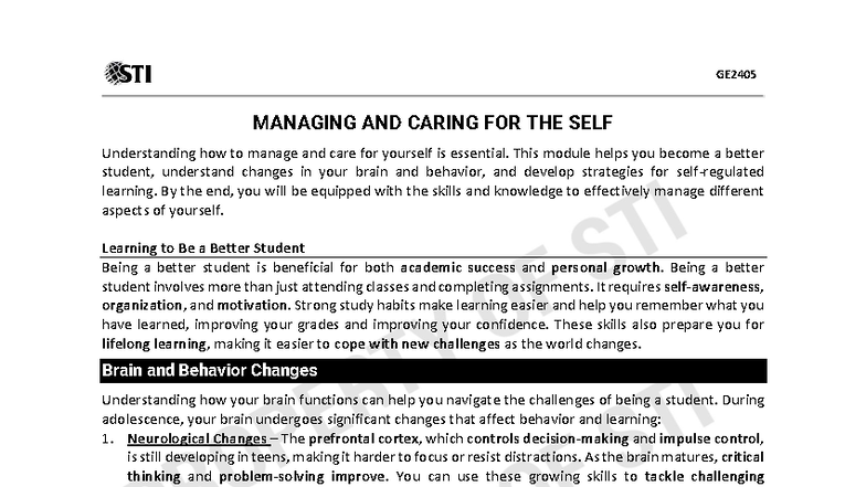 GE2405 Managing and Caring for the Self: Strategies for Student Success ...