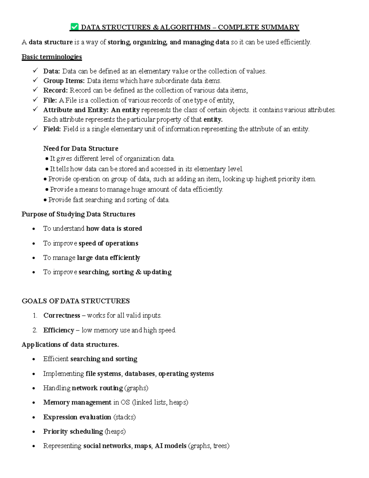 DATA STRUCTURES & ALGORITHMS COMPLETE SUMMARY - Studocu