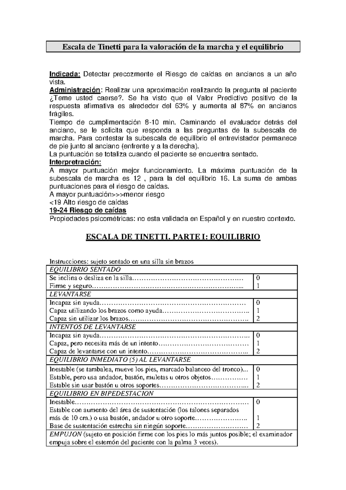 Escala Tinetti: Evaluación de Marcha y Equilibrio en Ancianos - Studocu