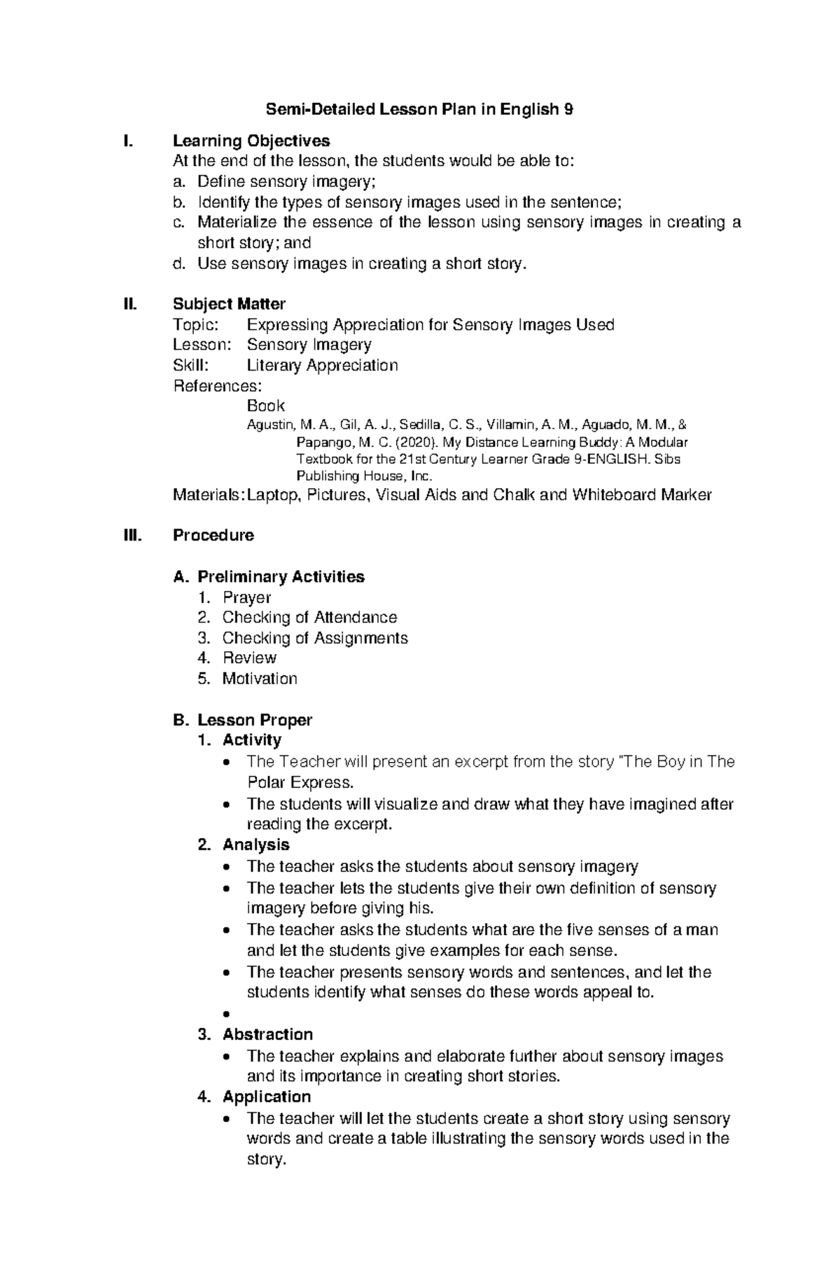 Semi-Detailed Lesson Plan (ENG 9): Understanding Sensory Imagery - Studocu