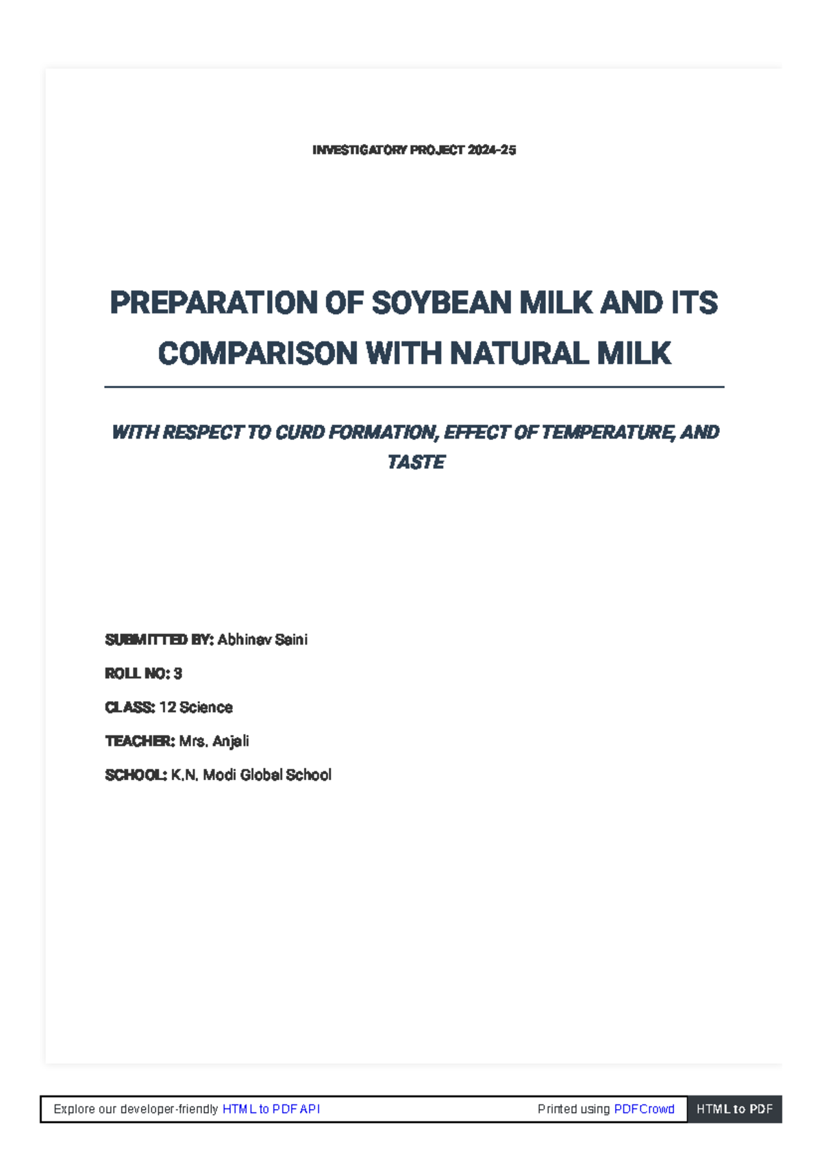 Chemistry Project: Soybean Milk vs Natural Milk (Class 12) - Studocu