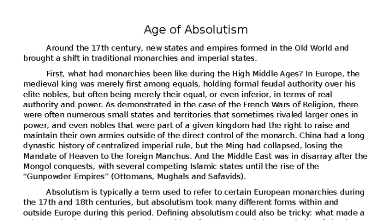 Age of Absolutism: Overview & Case Studies (HIST 101) - Studocu