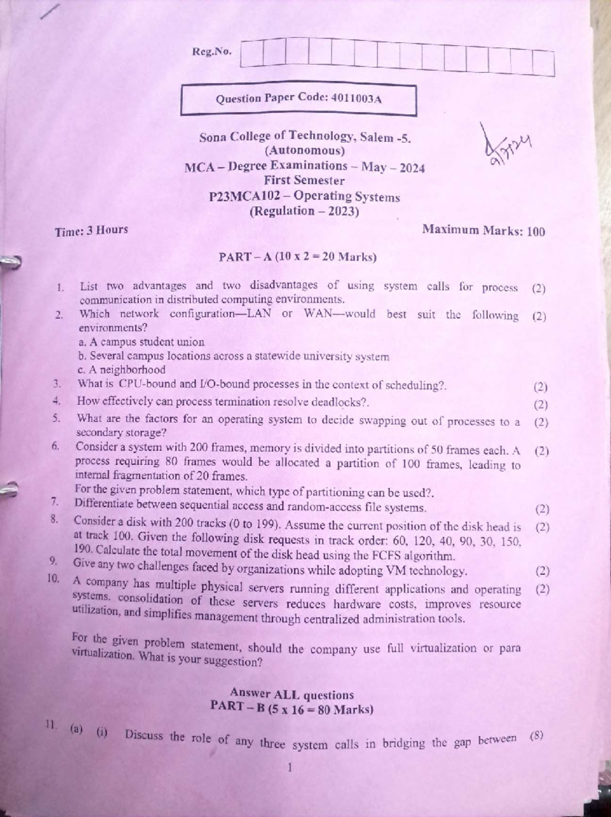 OS 2024 Qn Paper: MCA 1st Sem Exam on Operating Systems - Studocu