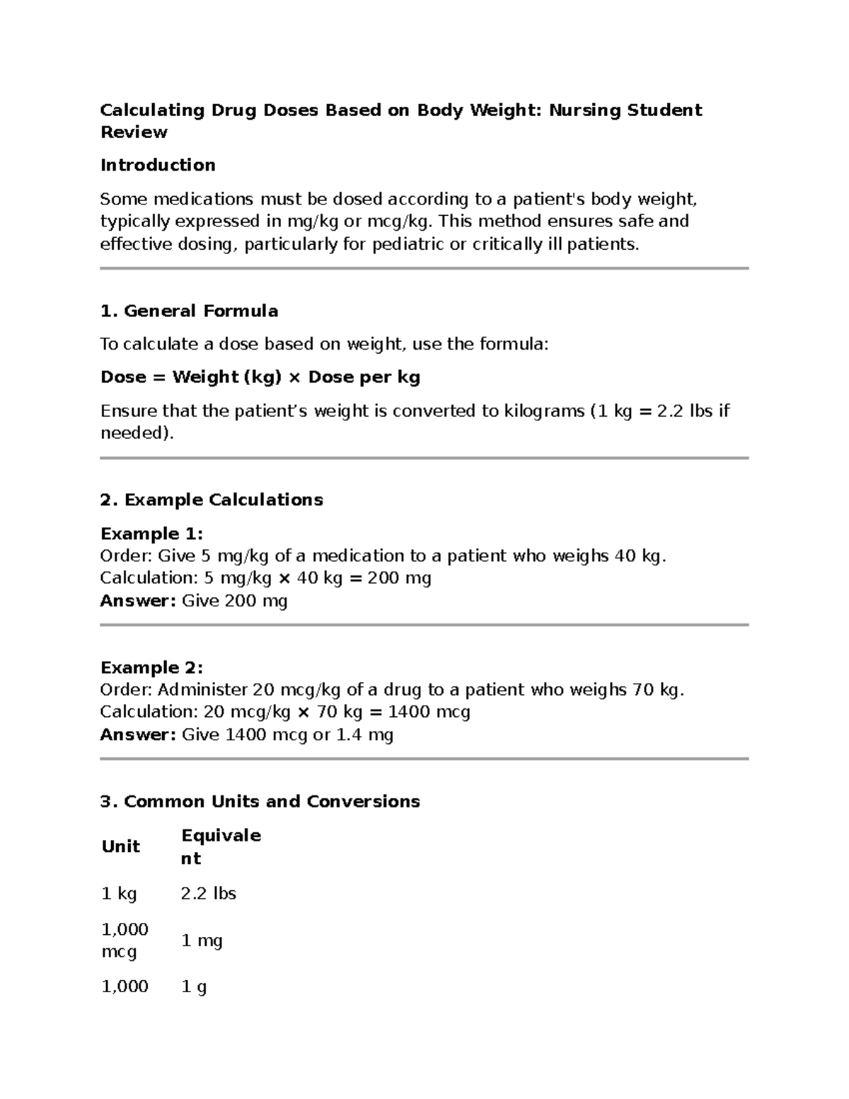 NUR 101: Calculating Drug Doses by Body Weight - Student Review - Studocu