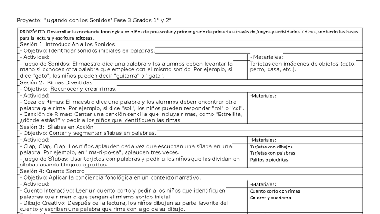 Proyecto: Conciencia Fonológica en Preescolar y 1° Grado - Studocu