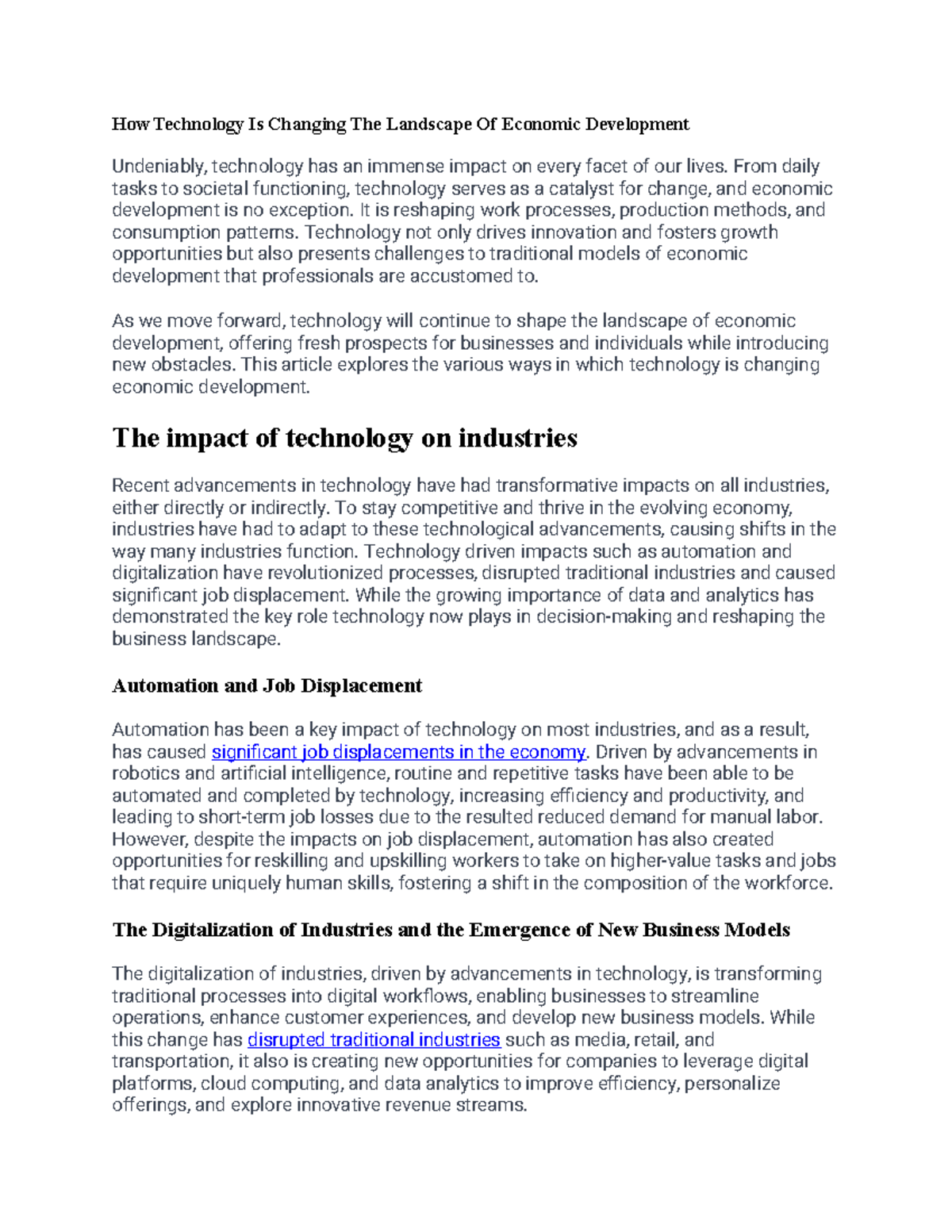 Transformative Impacts of Technology on Economic Development - Studocu