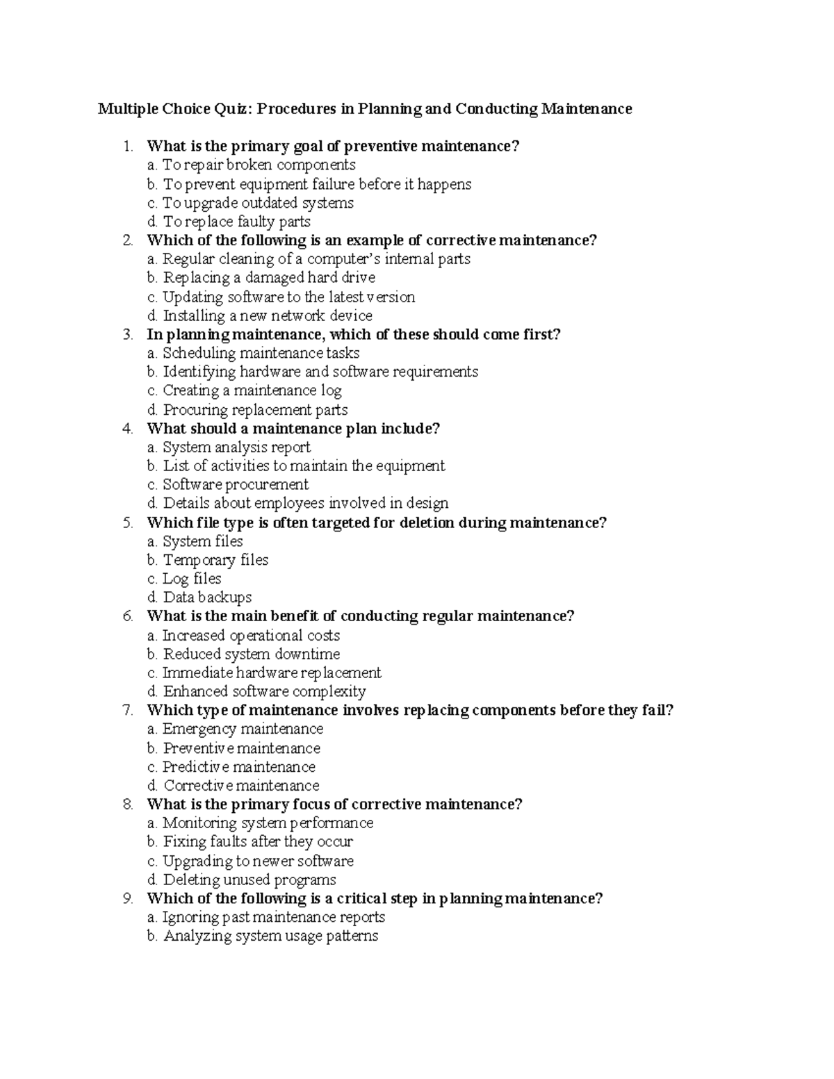 COMP 202: Multiple Choice Quiz on Maintenance Planning Procedures - Studocu