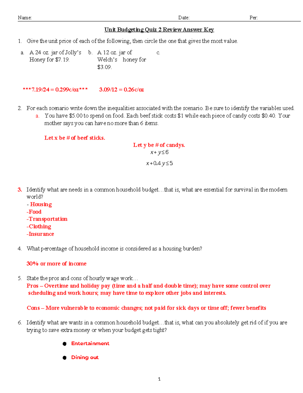 Unit Budgeting Quiz 2 Review Answer Key (1) - Name: Date: Per: Unit ...