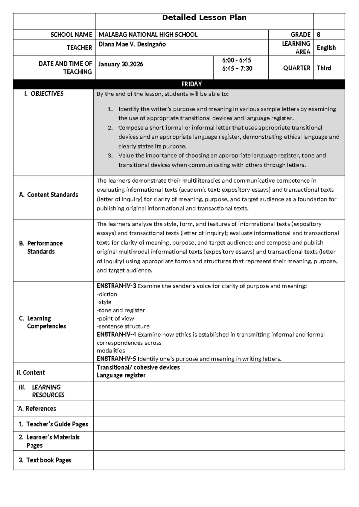 DLP English 8: Letter Writing Lesson Plan - Q3 Week 1 - Studocu