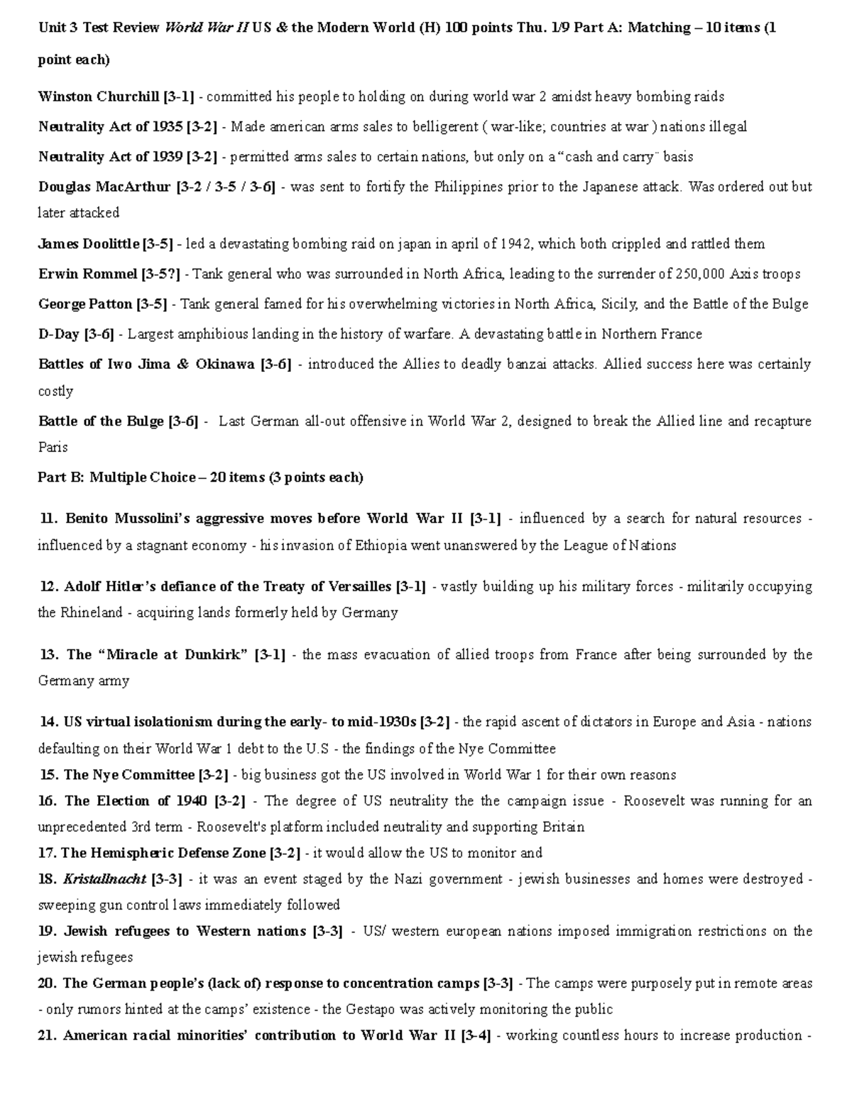 US MW (H) - Unit 3 Test Review: World War II Insights - Studocu