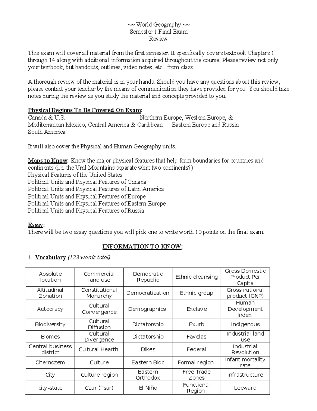 World Geography 101: Semester 1 Final Exam Review Guide - Studocu