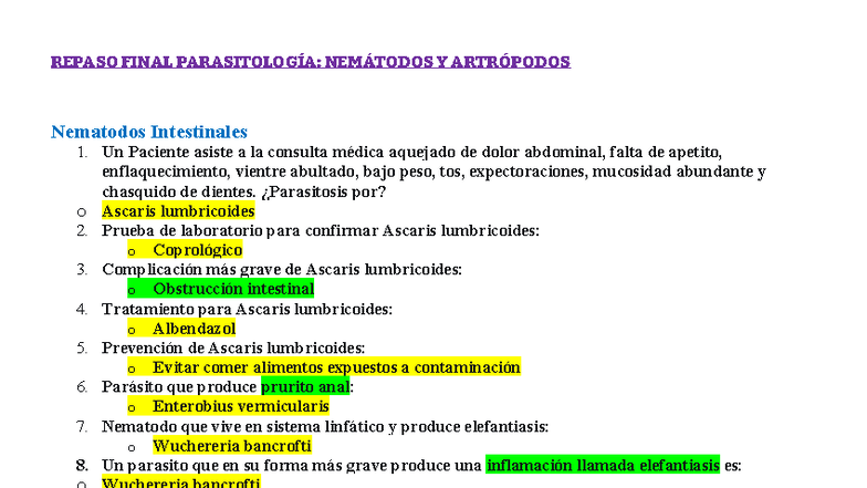 GRAN Repaso Examen Final PARASITOLOGÍA: Nematodos y Artrópodos - Studocu