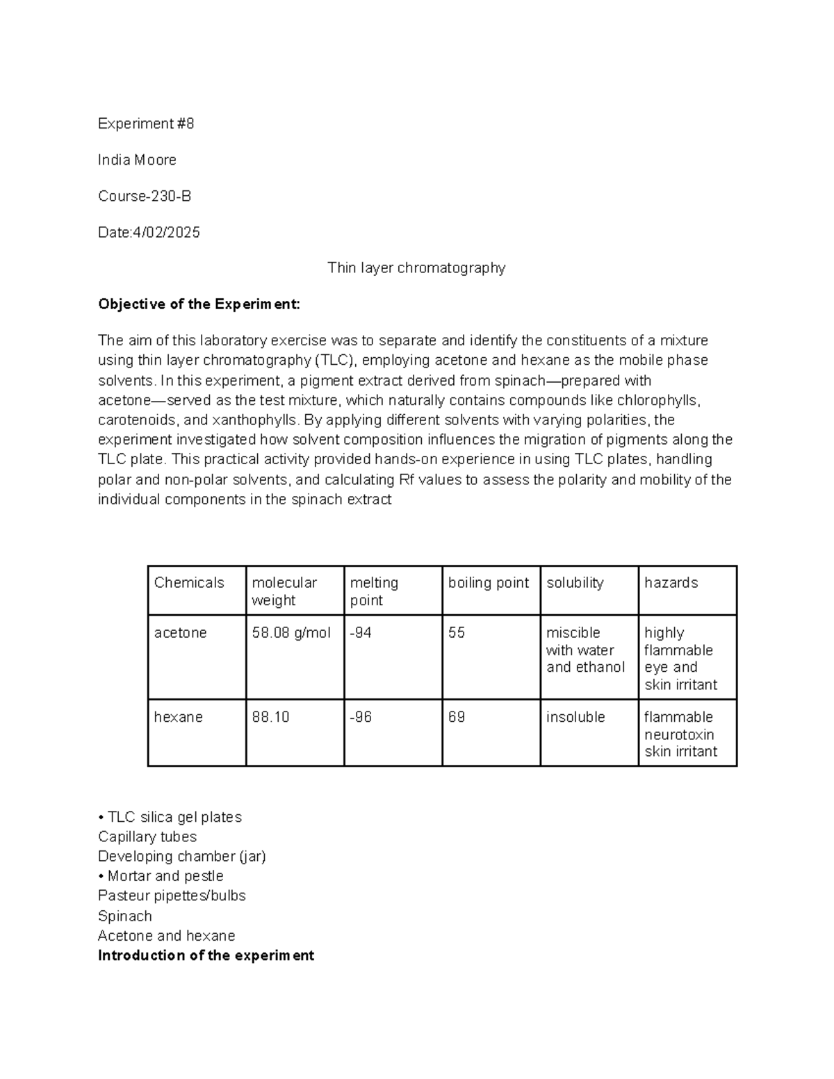 Lab 8 - Experiment Report on Thin Layer Chromatography of Spinach ...