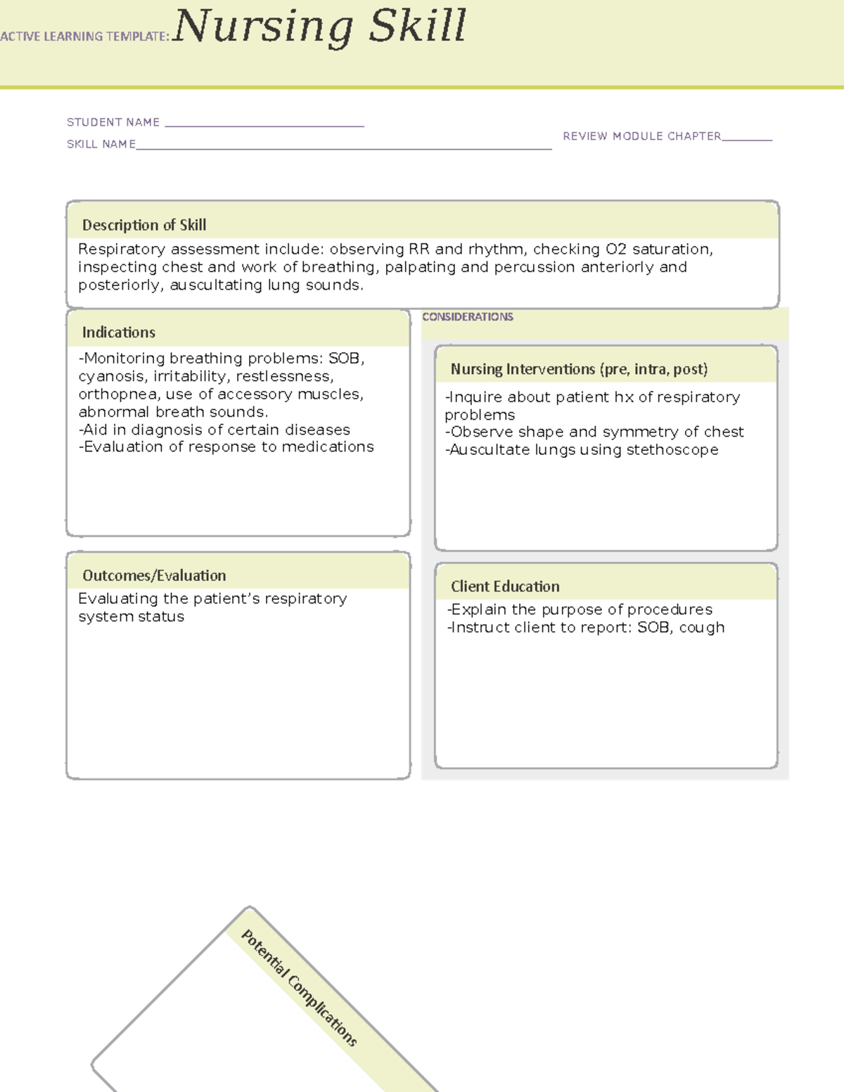ATI Skills Template - Respiratory Assessment in Nursing Care - Studocu