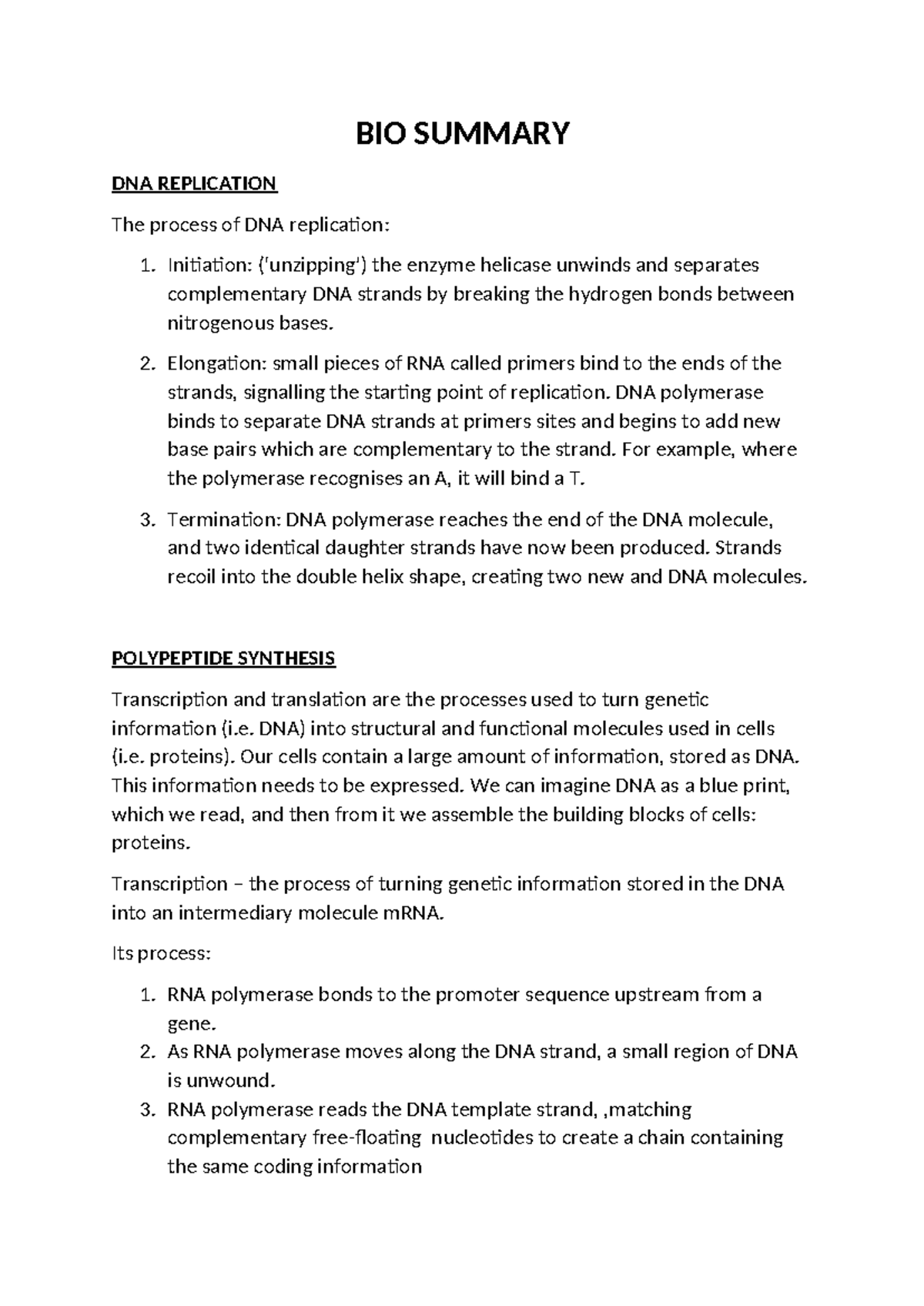 BIO 101 Summary: DNA Replication & Polypeptide Synthesis - Studocu