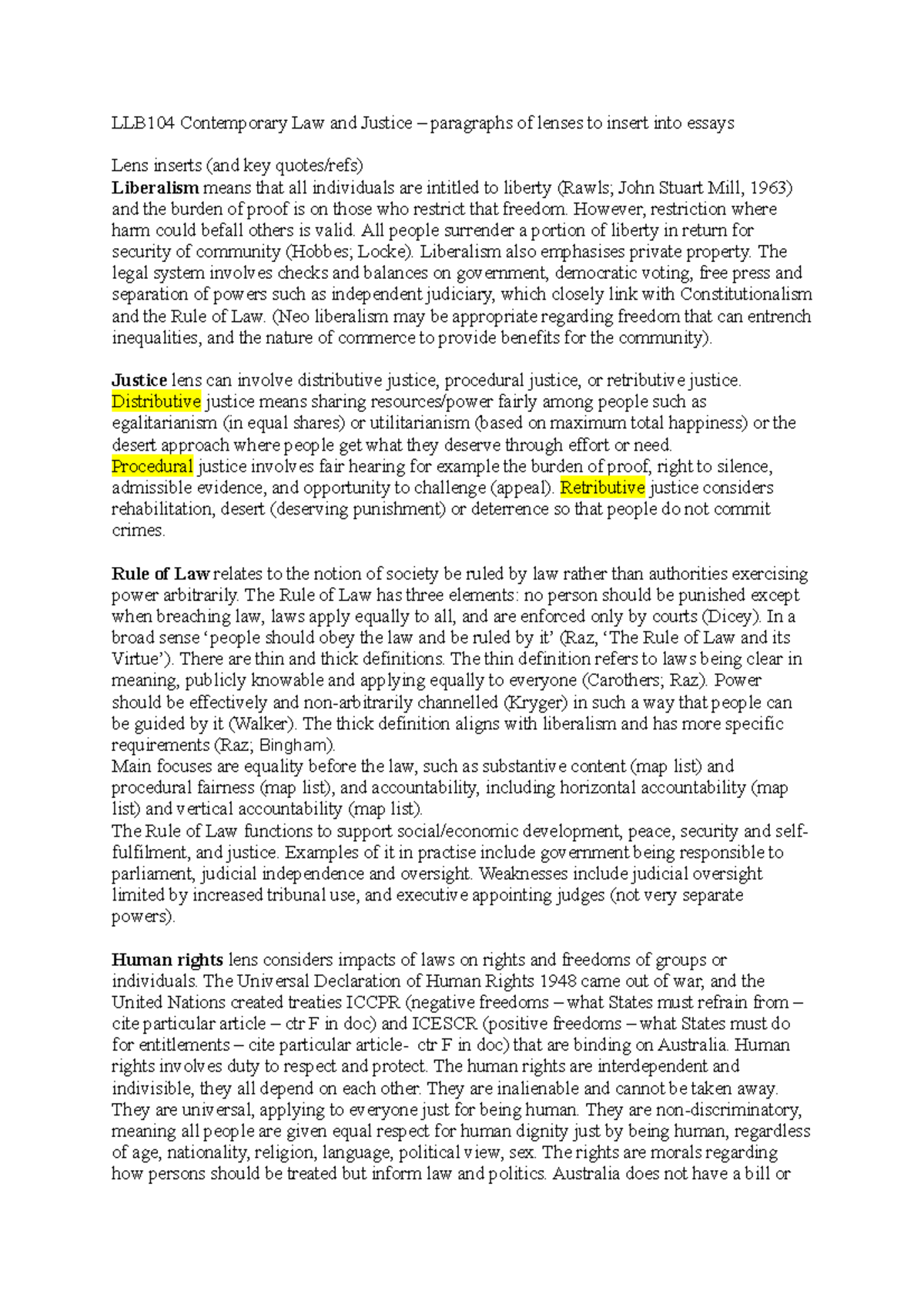 LLB104 Essay Notes: Lenses to Analyze Contemporary Law & Justice - Studocu
