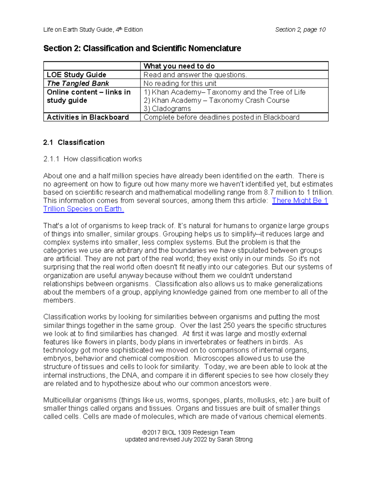 Life on Earth Study Guide for BIOL 1309: Classification & Nomenclature ...
