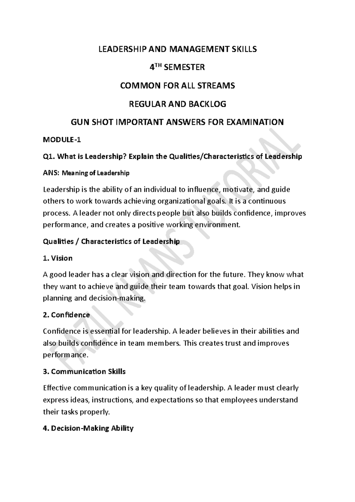 Leadership and Management Skills 4th Sem: Key Exam Answers - Studocu