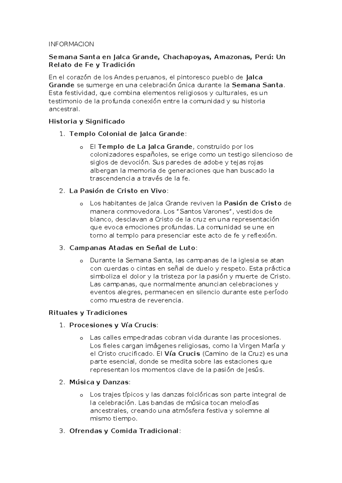Informacion - INFORMACION Semana Santa en Jalca Grande, Chachapoyas ...