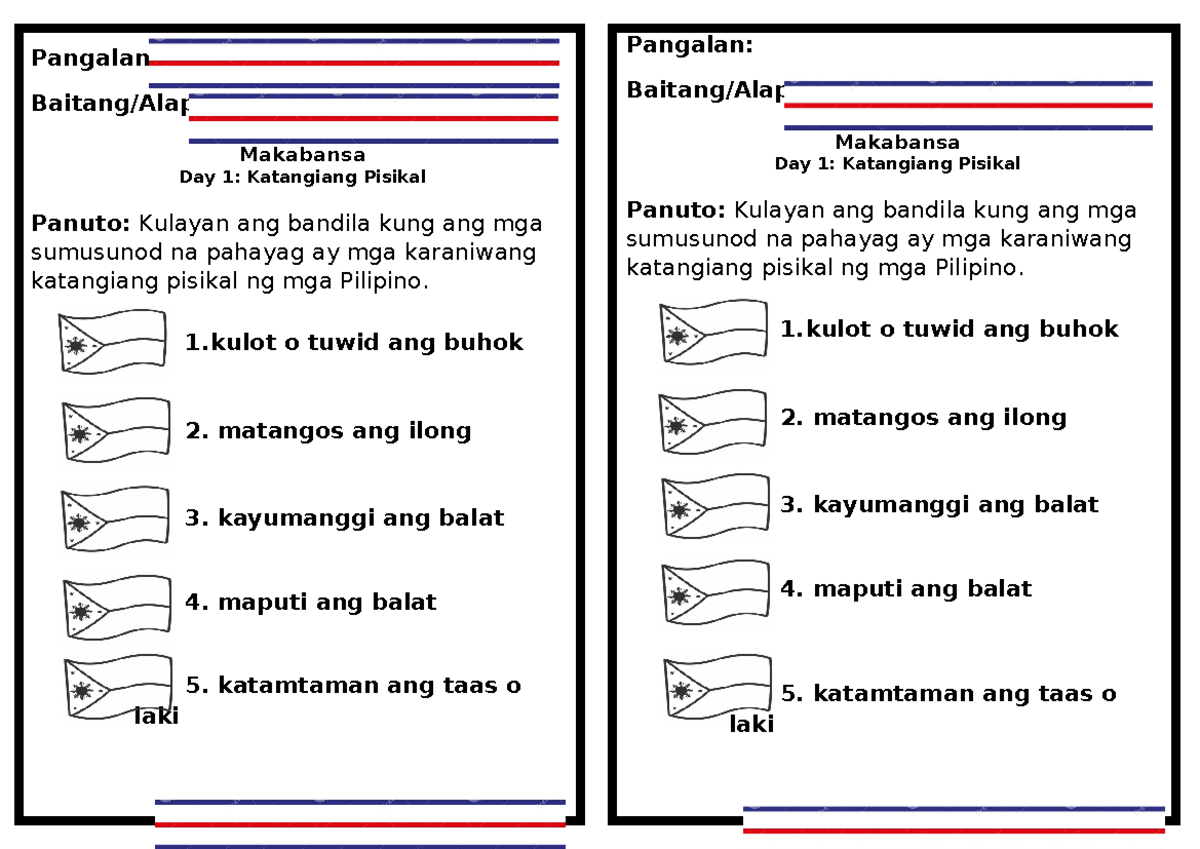 G1 Q1 W1 Makabansa WS - Activity Sheets on Physical Characteristics and ...