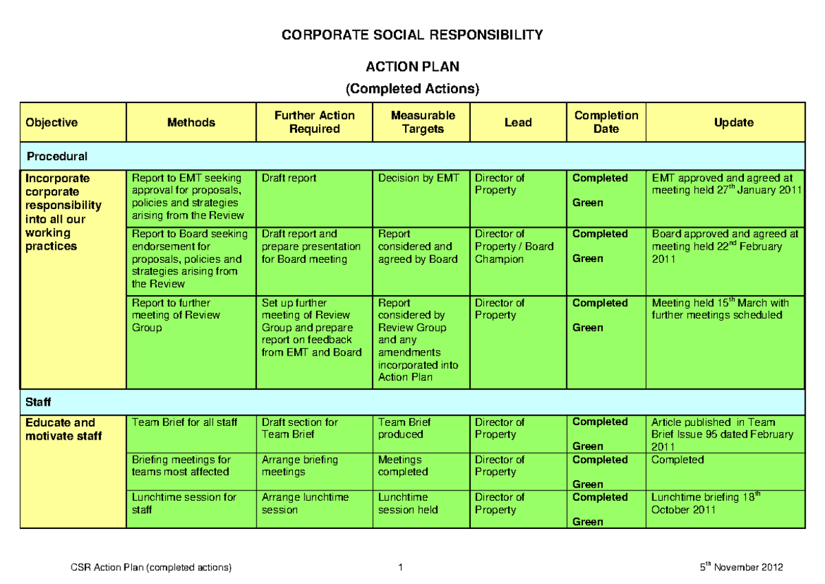 CSR Action Plan (Completed Actions) - Business Ethics Overview - Studocu