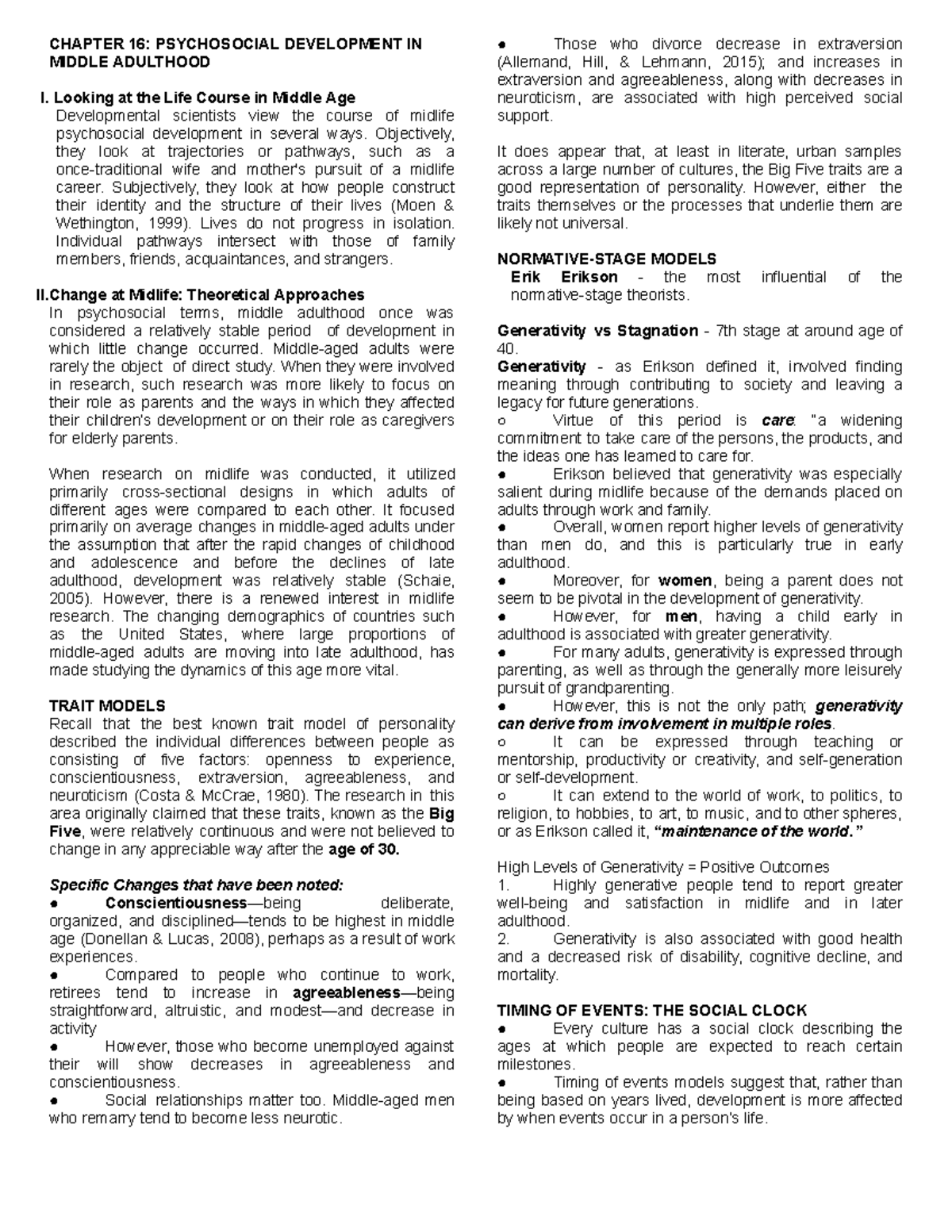Chapter 16 Summary - Psychosocial Development in Midlife (Psychology ...