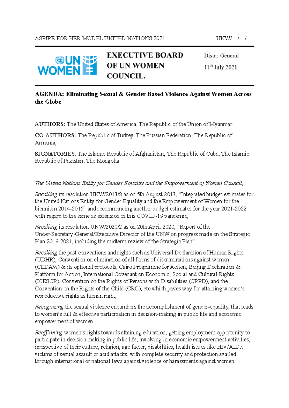 Draft Resolution 1 - Eliminating Gender-Based Violence at MUN 2021 ...