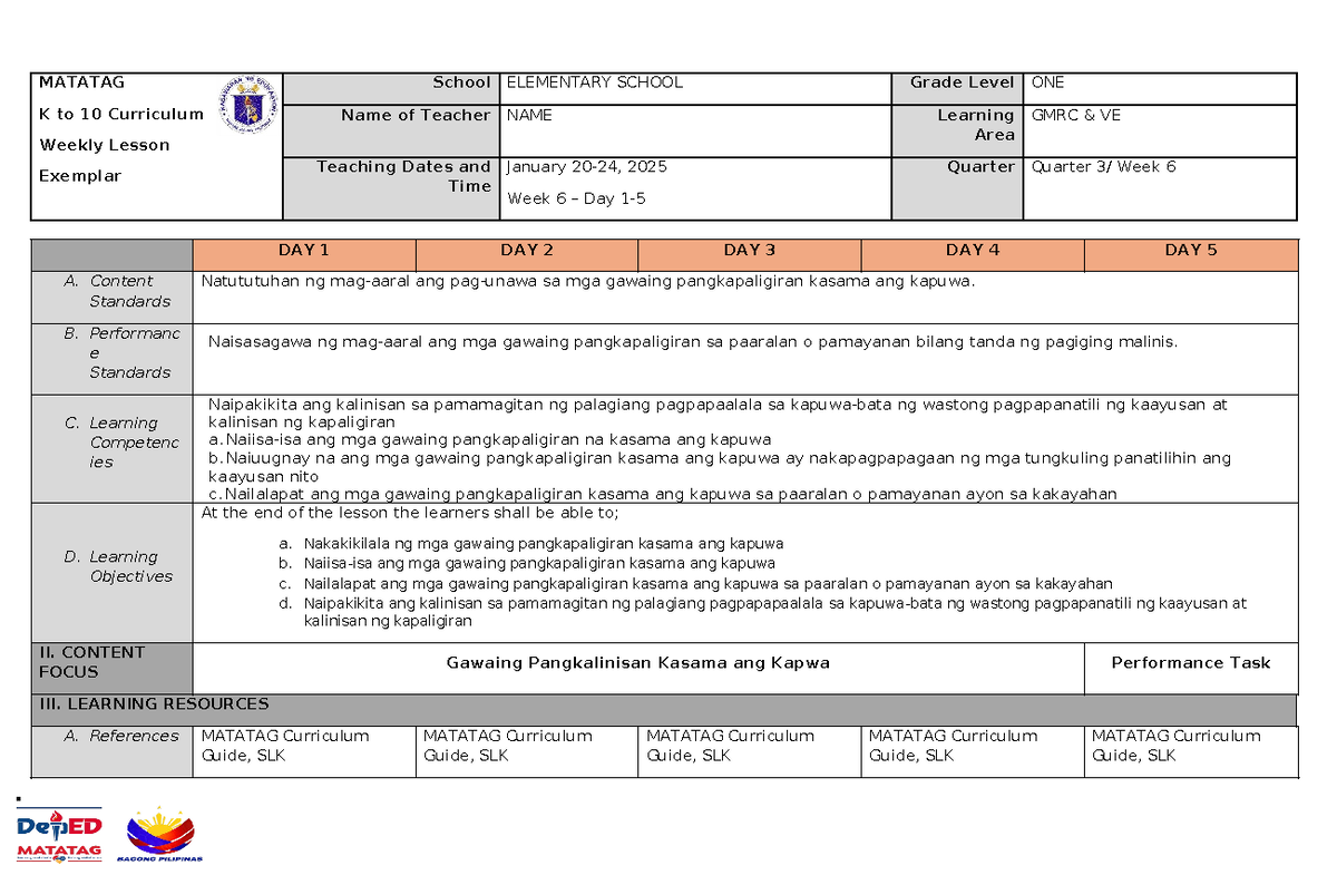 Q3-LE-Matatag WEEK 6 GMRC Lesson Plan and Activities - Studocu