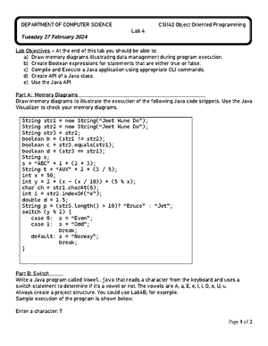 Course Outline 2024 - Course Outline CSI142 Object Oriented Programming (4 credits) Course Staff ...