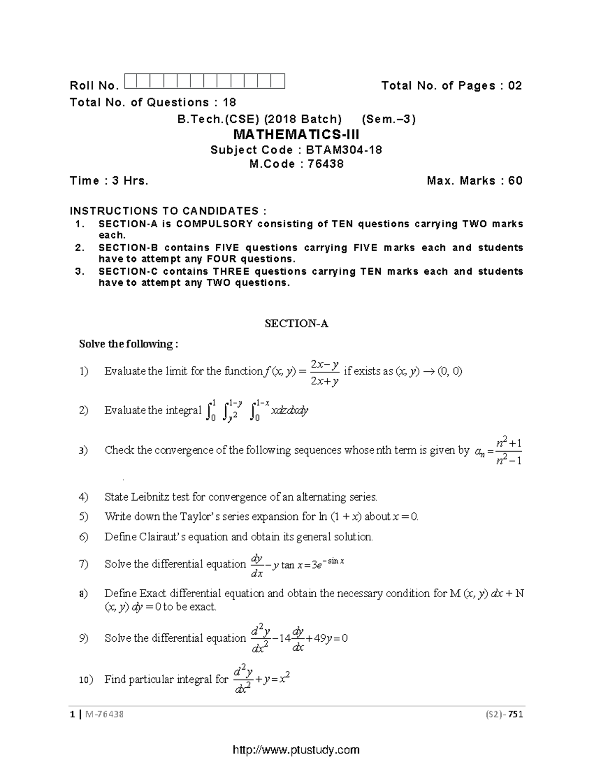 B.Tech (CSE) 3rd Sem Math Exam Qs - M.Code 76438 Nov 2019 - Studocu