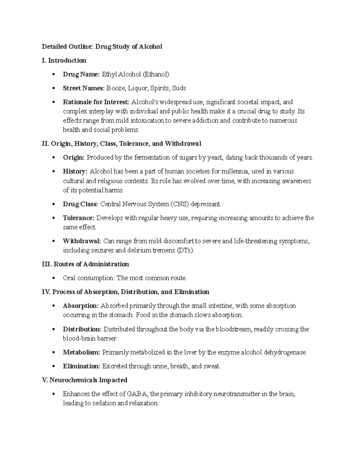 Drug Study Detailed Outline: Alcohol (Ethyl Alcohol) Analysis - Studocu